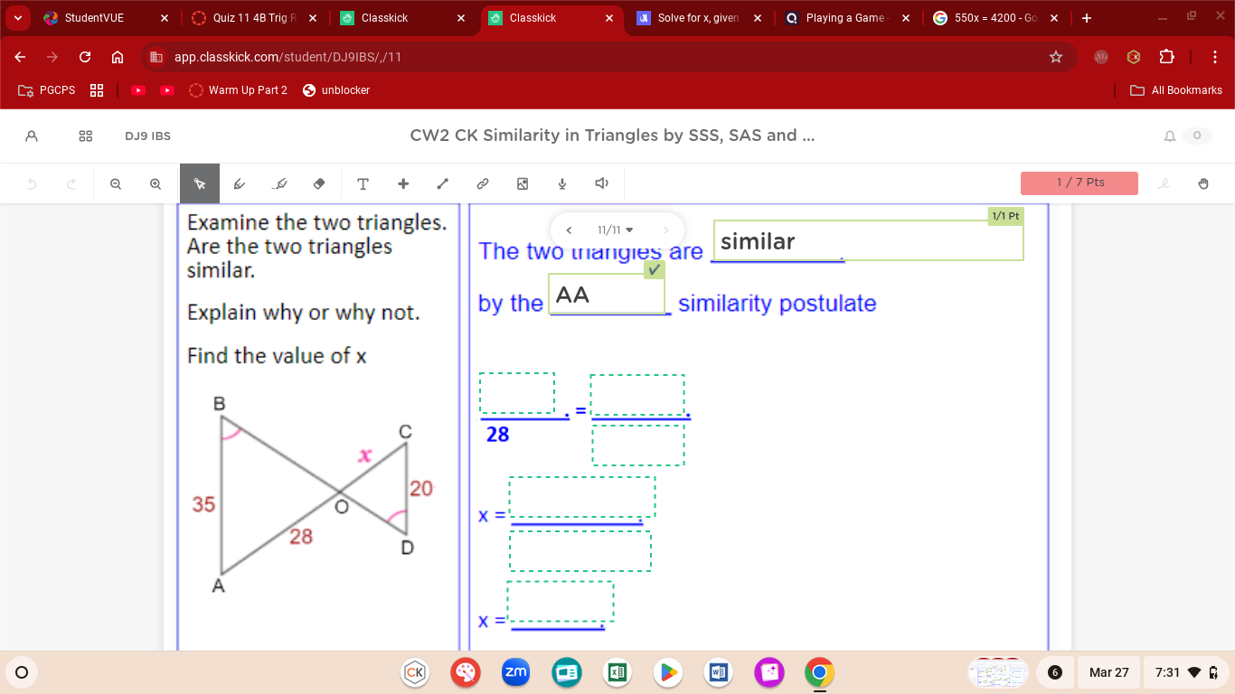 Examine the two triangles. Are the two triangles similar? Explain why or why not. Find the value ...