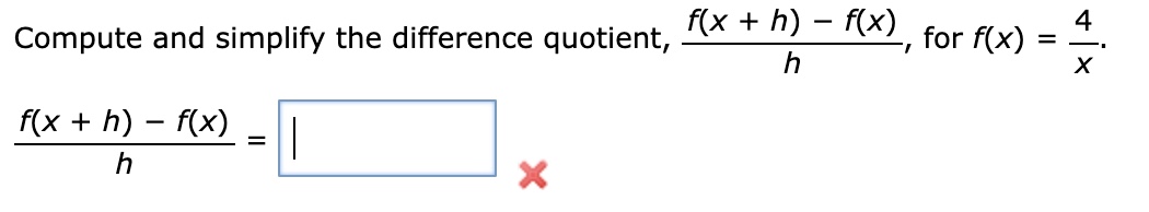 Compute and simplify the difference quotient, $\frac{f(x+h) - f(x)}{h}$, for $f(x) = \frac{4}{x}$.