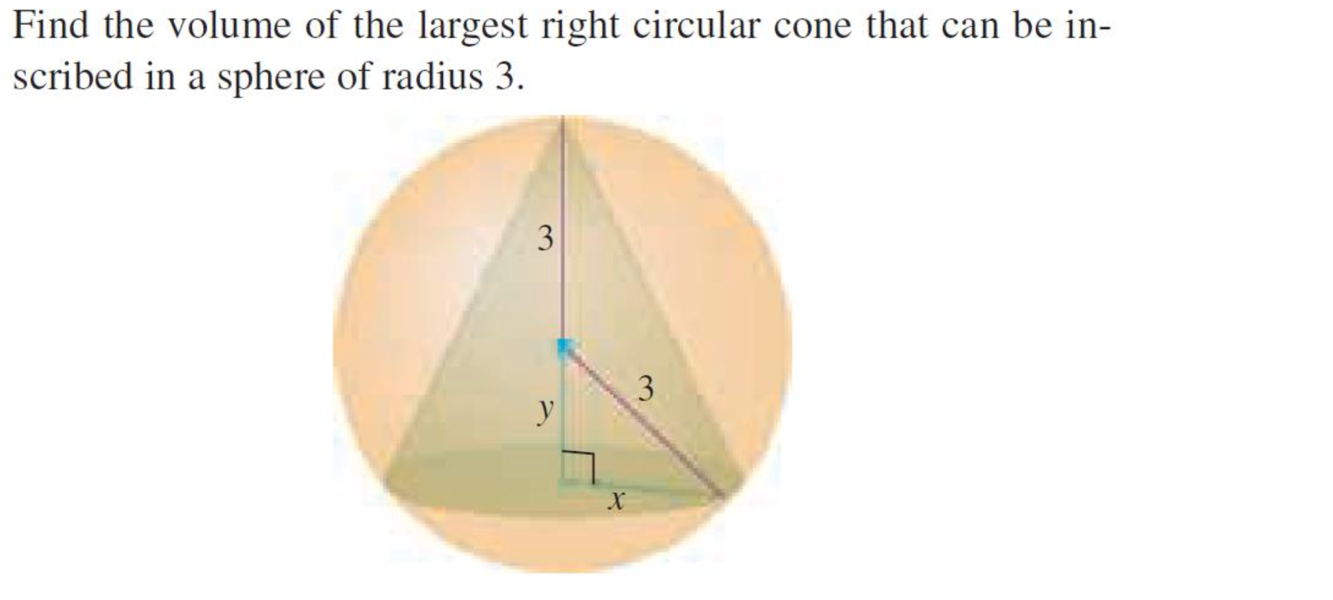 Find the volume of the largest right circular cone that can be inscribed in a sphere of radius 3.