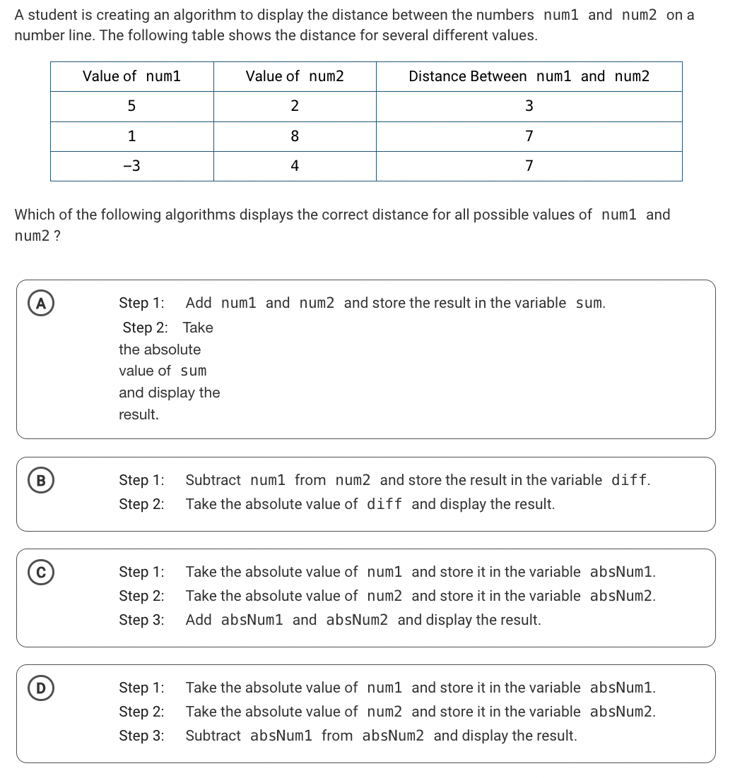Which of the following algorithms displays the correct distance for all possible values of num1 ...
