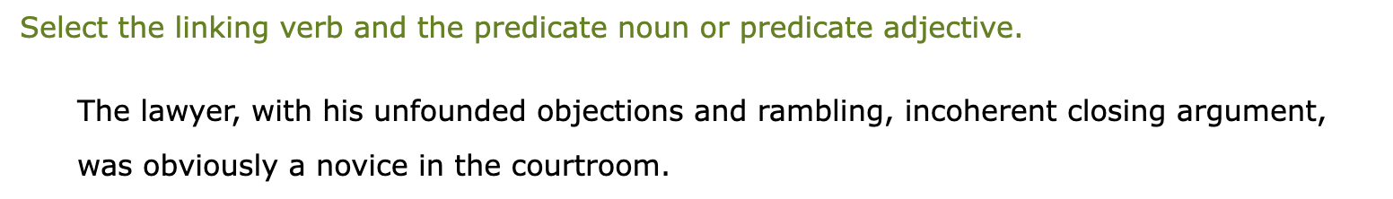 Select the linking verb and the predicate noun or predicate adjective ...