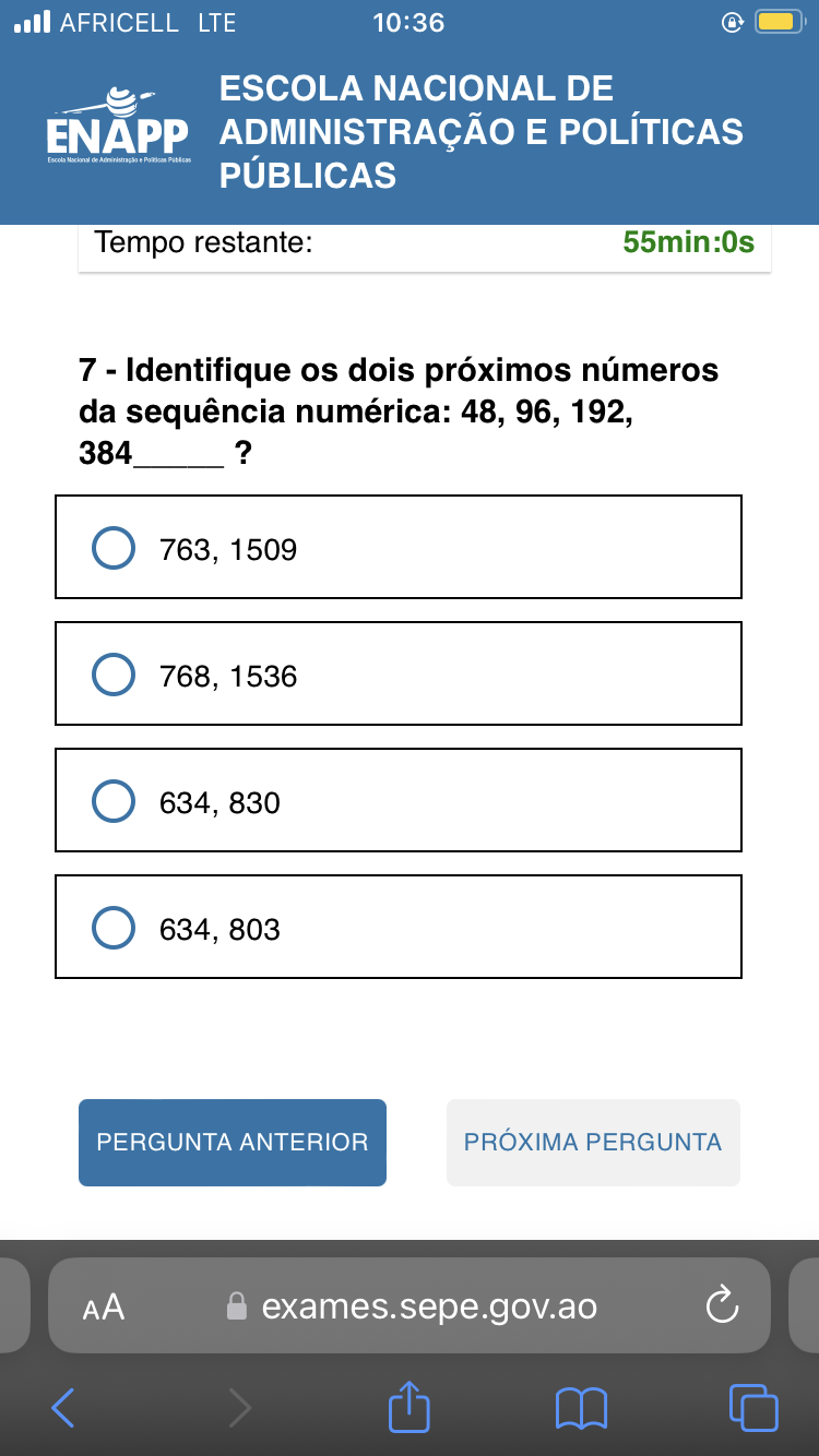 Identifique os dois próximos números da sequência numérica: 48, 96, 192, 384