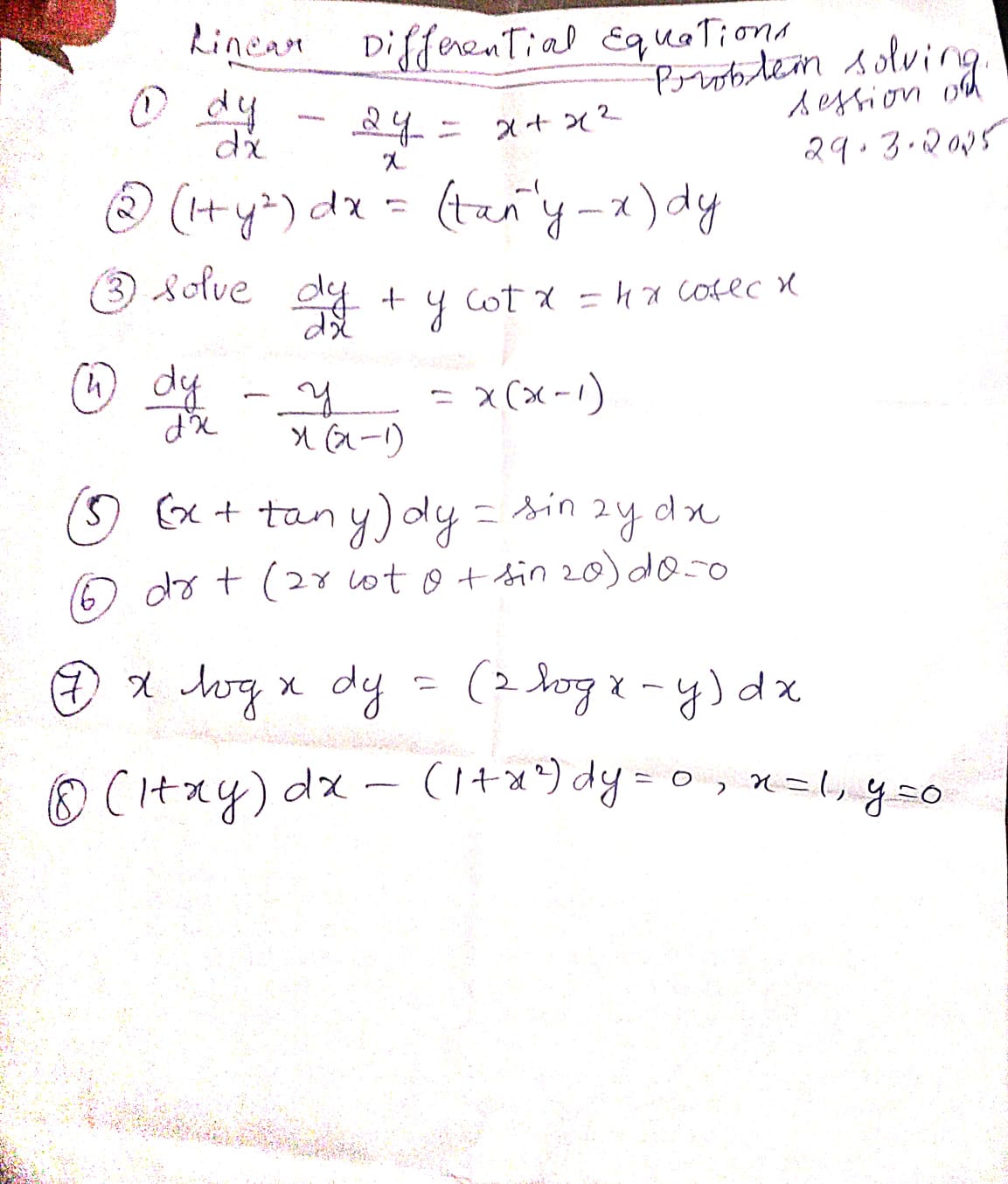 Solve the following differential equations: 1. dy/dx - (2y)/x = x + x^2 2. (1 + y^2)dx = (tan ...
